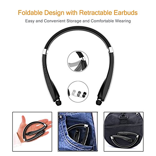 Foldable Bluetooth Headset, Beartwo Lightweight Retractable Bluetooth Headphones for Sports&Exercise, Noise Cancelling Stereo Neckband Wireless Headset (with Carry case)