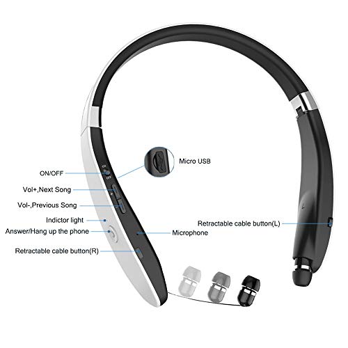 Foldable Bluetooth Headset, Beartwo Lightweight Retractable Bluetooth Headphones for Sports&Exercise, Noise Cancelling Stereo Neckband Wireless Headset (with Carry case)