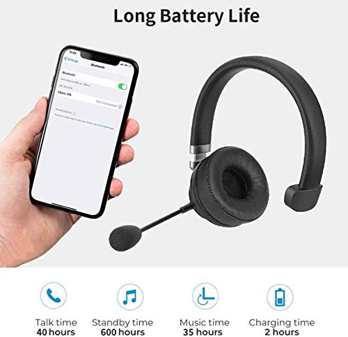 Truck Driver Bluetooth Headset/Office Headset, BT5.0 Wireless Over The Head Headset with Extra Boom Noise Cancelling Mic for Cell Phones,Call Center, Skype, VoIP, Home Work,Trucker