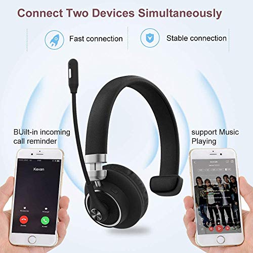 Truck Driver Bluetooth Headset/Office Headset, BT5.0 Wireless Over The Head Headset with Extra Boom Noise Cancelling Mic for Cell Phones,Call Center, Skype, VoIP, Home Work,Trucker