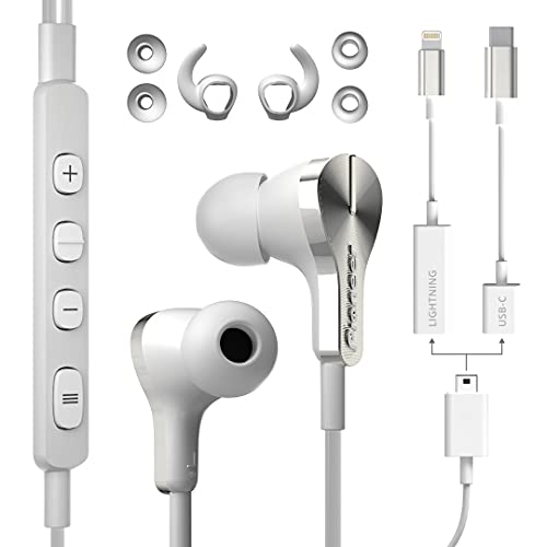 RAYZ Pioneer Pro Lightning & USB-C Earphones/Smart Wired, Active Noise Cancelling Earbuds Microphone Volume Control | for Apple iPhone Mac iPad, Android, Nintendo Switch, Google Pixel - Ice