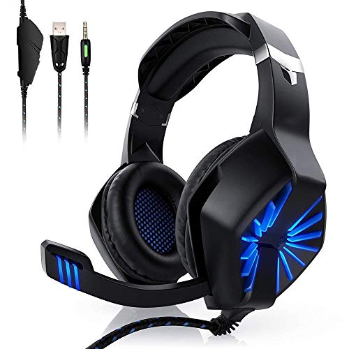 Gaming Headset PS4 - Stereo Surround Sound Gaming Headset with Noise Cancelling Mic & in-Line Control, Over-Ear Gaming Headphones with LED Light,