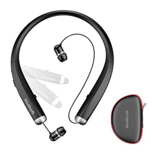 amorno bluetooth headphones, foldable wireless neckband headset with retractable earbuds, sports sweatproof noise cancelling stereo earphones with mic