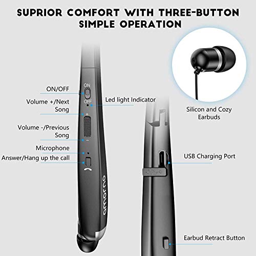 AMORNO Bluetooth Headphones, Foldable Wireless Neckband Headset with Retractable Earbuds, Sports Sweatproof Noise Cancelling Stereo Earphones with Mic