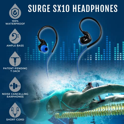 H2O AUDIO Surge SX10 Headphones, Waterproof IPX8, Short Cord, in-Ear Stereo Earbuds Noise Cancelling Earphones for Swimming, Running and Sporting Activities