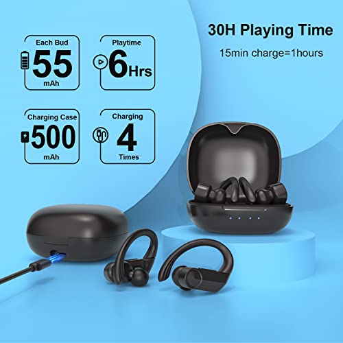 ZZN Wireless Earbuds Bluetooth Headphones, Sports Headsets with Earhooks Noise Canceling 30H Battery Waterproof IPX7 Earphones with Charging Case for Gym Running Workout