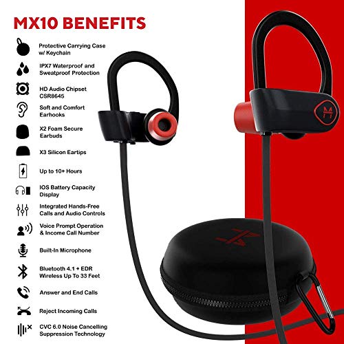 MultiTed MX10 Wireless Headphones iPhone Bluetooth Earbuds - Designed for Running and Sport Workouts with Waterproof IPX7 and Built-in Microphone with Noise Cancellation.