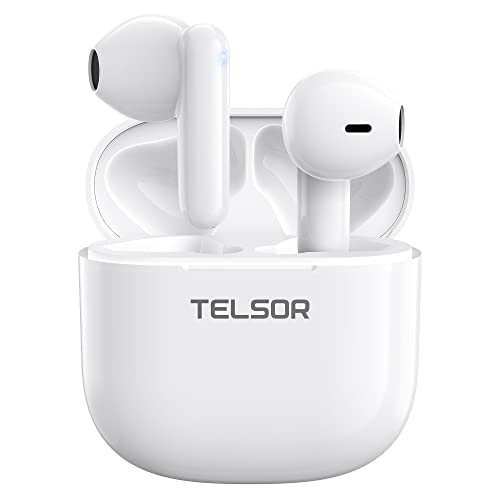 Wireless Earbuds for iPhone, TELSOR Bluetooth Headphones Touch Control Stereo Sound Bluetooth Earbuds with Noise Cancelling Mic for Calls, 30H Playtime, IPX7 Waterproof Earbuds for Android, White