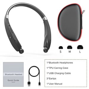 Bluetooth Neckband Headphones, Dpvisn Foldable Wireless Lightweight Neck Headset with Retractable Earbuds, Noise Cancelling Sweatproof Stereo Earphones with Mic & Carrying Case (Black)