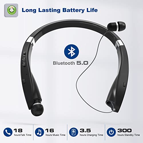 Bluetooth Neckband Headphones, Dpvisn Foldable Wireless Lightweight Neck Headset with Retractable Earbuds, Noise Cancelling Sweatproof Stereo Earphones with Mic & Carrying Case (Black)