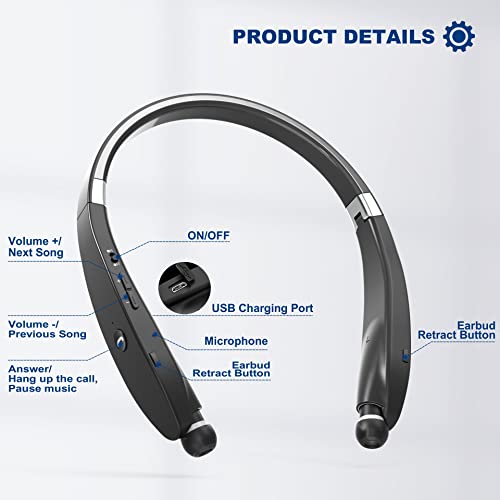 Bluetooth Neckband Headphones, Dpvisn Foldable Wireless Lightweight Neck Headset with Retractable Earbuds, Noise Cancelling Sweatproof Stereo Earphones with Mic & Carrying Case (Black)