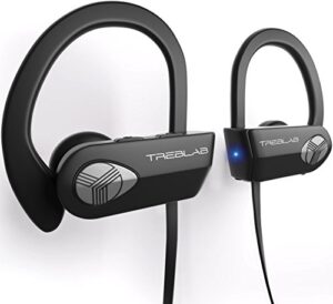 treblab xr500 bluetooth headphones, best wireless earbuds for sports, running gym workout. ipx7 water resistant, sweatproof, secure-fit headset. noise cancelling earphones w/mic