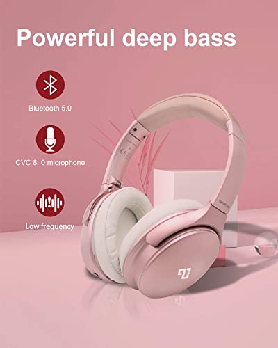 INFURTURE Active Noise Cancelling Headphones with Microphone, Wireless Over Ear Bluetooth Headphones-Black and Pink