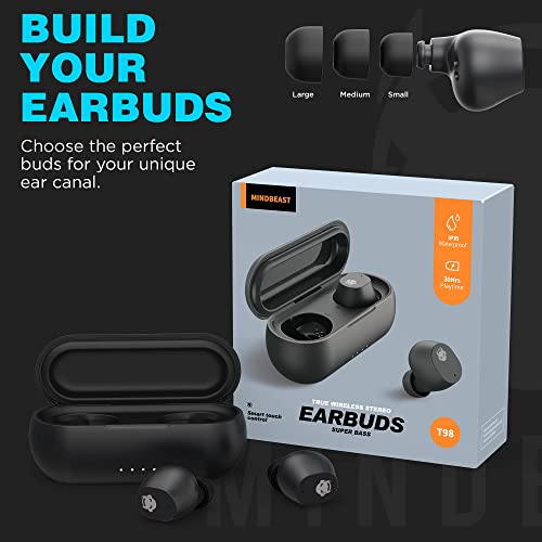 MINDBEAST Bluetooth Earbuds with Noise Cancelling and Strong Bass - Portable and Lightweight with 36 Hours Battery Life - Compatible with iPhone, Samsung, Android, PC, and Gaming Devices T98 Balck