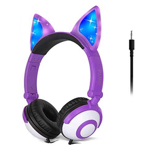 ONTA Kids Headphones with Cute LED Glowing Cat Ears,Foldable, Noise-Canceling and Adjustable Toddlers Headphones for Boys and Girls (Purple)