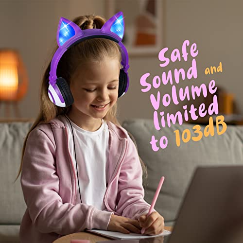 ONTA Kids Headphones with Cute LED Glowing Cat Ears,Foldable, Noise-Canceling and Adjustable Toddlers Headphones for Boys and Girls (Purple)