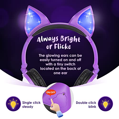 ONTA Kids Headphones with Cute LED Glowing Cat Ears,Foldable, Noise-Canceling and Adjustable Toddlers Headphones for Boys and Girls (Purple)