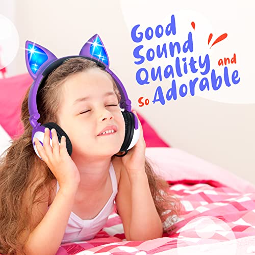 ONTA Kids Headphones with Cute LED Glowing Cat Ears,Foldable, Noise-Canceling and Adjustable Toddlers Headphones for Boys and Girls (Purple)