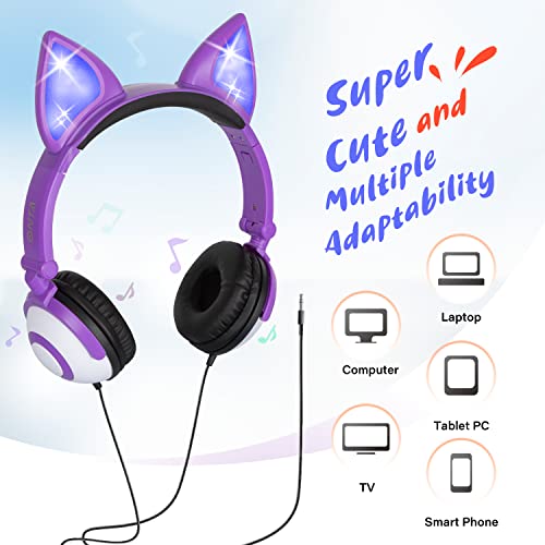 ONTA Kids Headphones with Cute LED Glowing Cat Ears,Foldable, Noise-Canceling and Adjustable Toddlers Headphones for Boys and Girls (Purple)