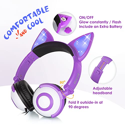 ONTA Kids Headphones with Cute LED Glowing Cat Ears,Foldable, Noise-Canceling and Adjustable Toddlers Headphones for Boys and Girls (Purple)