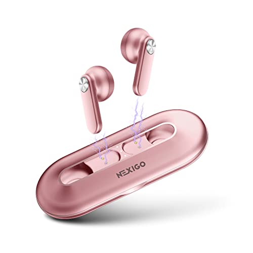 NexiGo Air T2 (Gen 2) Ultra-Thin Wireless Earbuds, Qualcomm QCC3040, Bluetooth 5.2, 4-Mic CVC 8.0 Noise Cancelling for Clear Calls, Volume Control, aptX, 28H Playtime, IPX5, Rose Gold