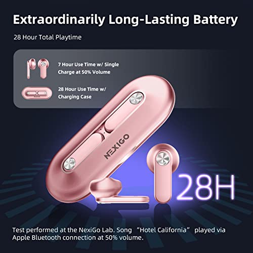 NexiGo Air T2 (Gen 2) Ultra-Thin Wireless Earbuds, Qualcomm QCC3040, Bluetooth 5.2, 4-Mic CVC 8.0 Noise Cancelling for Clear Calls, Volume Control, aptX, 28H Playtime, IPX5, Rose Gold