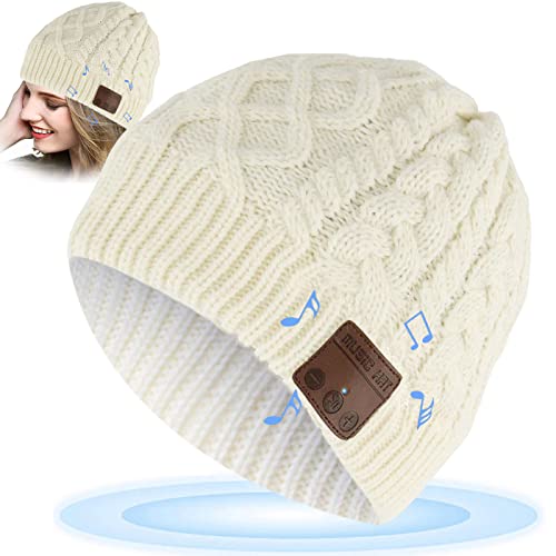 Bluetooth Beanie Hat Unisex Beanie Headset Women Men Boys Girls Gifts Music Hat V5.0 Wireless Headphone Handsfree Earphone with Stereo Speaker Microphone Outdoor Sport Winter Hat Knit Cap (White)