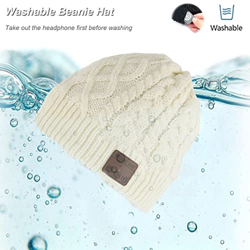 Bluetooth Beanie Hat Unisex Beanie Headset Women Men Boys Girls Gifts Music Hat V5.0 Wireless Headphone Handsfree Earphone with Stereo Speaker Microphone Outdoor Sport Winter Hat Knit Cap (White)