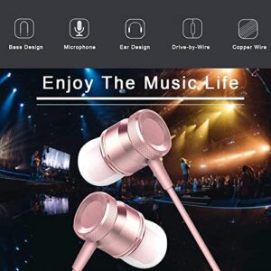 Wired Headphone Metal Earbuds by Amasing Noise Cancelling Stereo Heave Bass Earphones with Micphone Mic，in Ear Headphones Magnetic Design for iPhone 5 6 Pink Samsung LG 3.5 Jack