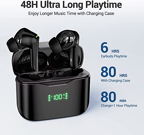 Wireless Earbuds 80H Playtime Noise Canceling Bluethooth Earbuds with Wireless Charging Case in-Ear Earbud with Microphone for Android Cell Phone Gaming Computer Laptop Sport Black