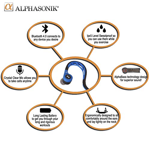 Alphasonik ASE300BT Bluetooth Headphones, V4.0 Wireless Sport Headphones, Sweatproof Running Headset with Built in Mic for Workout Exercise IPX5 SplashProof, Ergonomically Designed for Extra Comfort