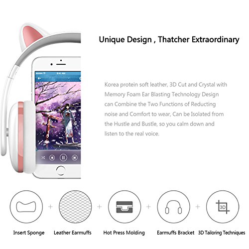 Censi Music Headset Headphone Creative Cat Ear Stereo Over-Ear Game Gaming Bass Headset Noise Canceling Headband Earphone for ipad, PC, iPhone and Android Smartphones (White, Wired)