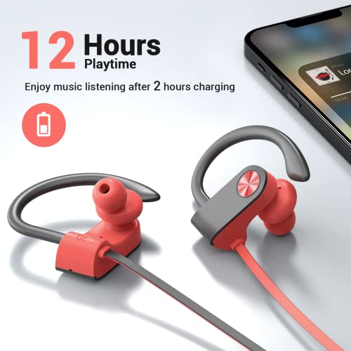 POIUZET Bluetooth Headphones, IPX7 Waterproof Wireless Sports Earbuds, HiFi Bass Stereo Earphones with Noise Cancelling Mic, 12 Hrs Playtime Headsets in-Ear, Running Headphones for Workout Gym