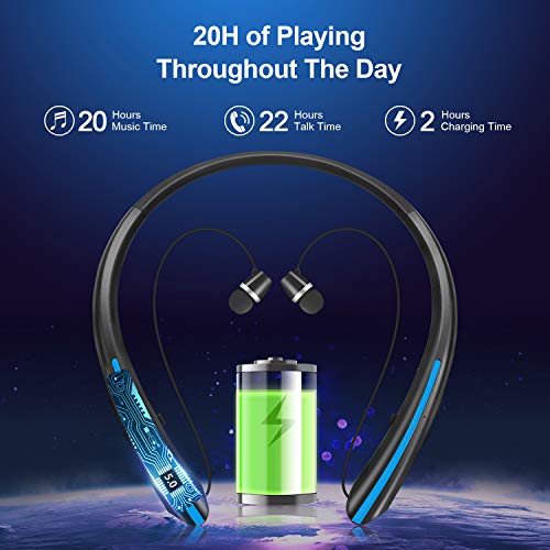 Bluetooth Headphones, Wireless Earbuds Retractable Neckband Headset Stereo Sweat-Proof Sports Earphones with Mic Fits iPhone 12/11/X/8, Android and Other Bluetooth Enabled Devices (Black Blue)