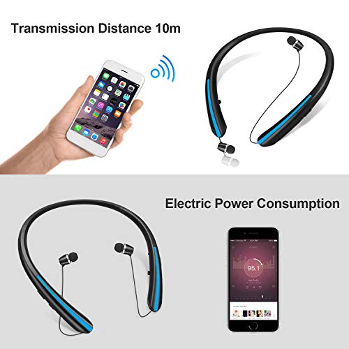 Bluetooth Headphones, Wireless Earbuds Retractable Neckband Headset Stereo Sweat-Proof Sports Earphones with Mic Fits iPhone 12/11/X/8, Android and Other Bluetooth Enabled Devices (Black Blue)