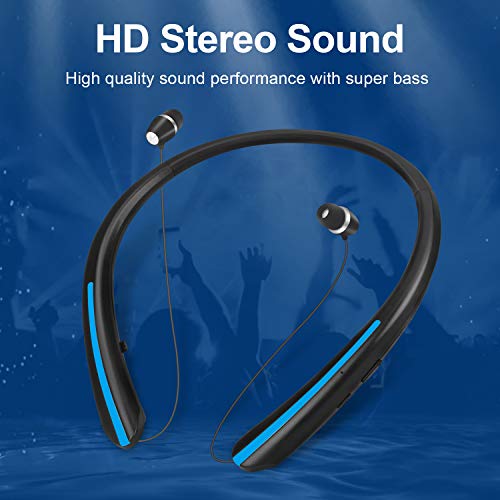 Bluetooth Headphones, Wireless Earbuds Retractable Neckband Headset Stereo Sweat-Proof Sports Earphones with Mic Fits iPhone 12/11/X/8, Android and Other Bluetooth Enabled Devices (Black Blue)