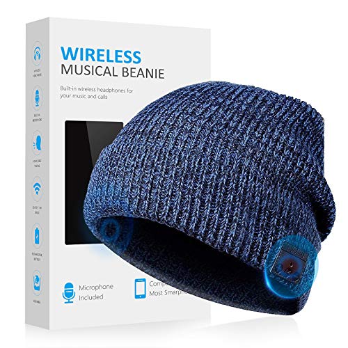 Bluetooth Beanie Hat Headphones Headset, Wireless Connection Siri Voice Control Built-in HD Stereo Speakers & Microphone, Knit Cap for Running, Outdoor Sports, Women Men (Blue)