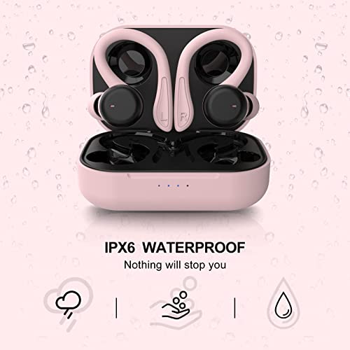 Pink Wireless Earbuds with Earhooks Running Ear Buds Bluetooth Workout Headphones in Ear Noise Cancellling Adjustable Small Mini Sleep Earphones with Mic Stereo Waterproof Android Headset for Sport