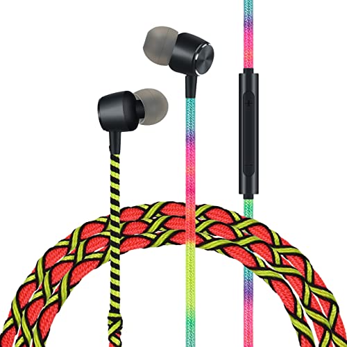 URIZONS Colorful Pretty in-Ear Earbuds Headphones - 3.5mm with Microphone for iPhone iPad iPod Mac Laptop Tablets Android Smartphones Fabric Braided Gaming  Bohemian Headset for Kids (Rainbow)