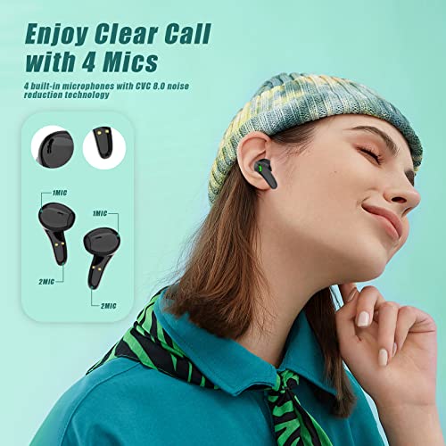 Noise Cancelling Wireless Earbuds, Bluetooth 5.3 Headphones, Gaming Ear Buds with 4-Mic Deep Bass,Small Earphones,30H Playtime,IPX5 Waterproof in-Ear Lightweight Earbuds for iPhone Android Green