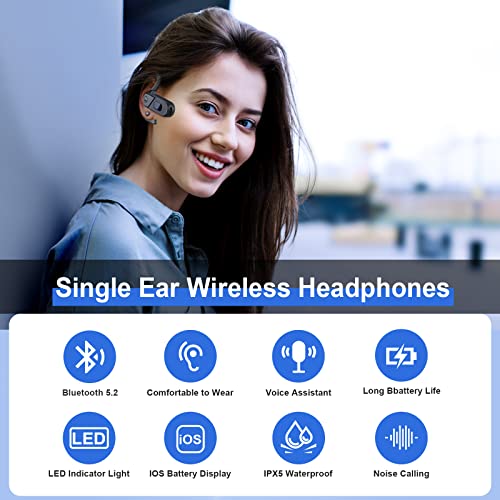 Bone Conduction Headset, Open-Ear Wireless Bluetooth Earpiece with LED Power Display Microphone, Single Right Ear Headphone Voice Control for Cell Phone Sweatproof Earphone for Driving/Sport Black