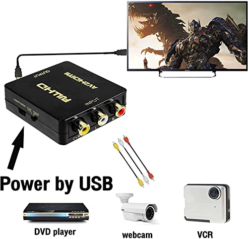 RCA to HDMI, AV to HDMI 1080P Converter , Golden Port Video Converter Composite CVBS Audio Video Adapter for PS2 Wii Xbox VHS VCR Camera DVD Players, Wii, Wii U, Support PAL/NTSC with USB Charge Cable