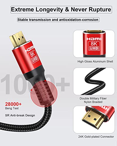 SKW 8K HDMI 2.1 Cable 15ft, 48Gbps Ultra High Speed HDMI Braided Cord, Supports 8K@60Hz, 4K@120Hz 144Hz, DTS:X, HDCP 2.2 & 2.3, eARC, HDR 10, Compatible with TV Xbox PS4 PS5 Monitor Blu-Ray