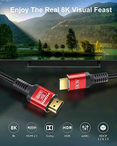 SKW 8K HDMI 2.1 Cable 15ft, 48Gbps Ultra High Speed HDMI Braided Cord, Supports 8K@60Hz, 4K@120Hz 144Hz, DTS:X, HDCP 2.2 & 2.3, eARC, HDR 10, Compatible with TV Xbox PS4 PS5 Monitor Blu-Ray