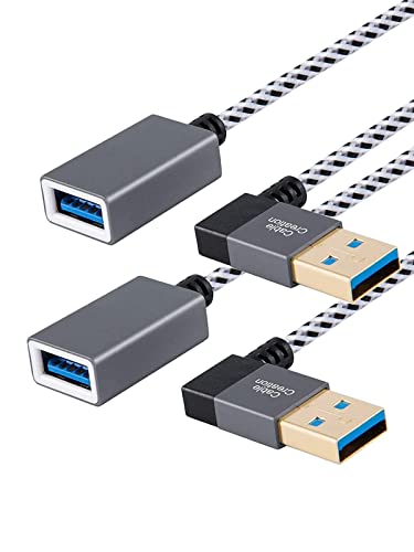 CableCreation 2 Pack Short USB 3.0 Extension Cable, Right Angle USB 3.0 Male to Female Extender Cord, Compatible Flash Drives, Keyboard, Scanners, 1 FT Space Grey Aluminum