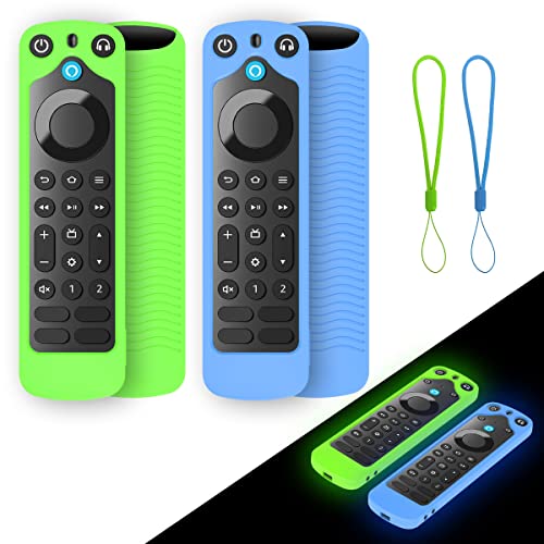 【2 Pack】 YIPINJIA Case for Alexa Voice Remote Pro 2022 Release, Soft Silicone Cover(Glow in The Dark) for Alexa Voice Remote Pro with Wrist Strap| Light Weight/Anti Slip/Shock Proof(Blue+Green)