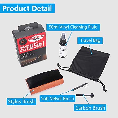 5 in 1 Vinyl Record Cleaning Solution Kit, Includes Soft Velvet Record Brush, Vinyl Cleaning Liquid, Stylus Cleaner & Brush and Carry Pouch