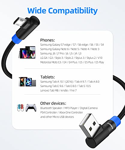 SUNGUY Right Angle Micro USB Cable 3FT [2-Pack], Short 90 Degree Micro USB Cable Nylon Braided Fast Charging Cords Data Sync for Samsung S7 S6 Note 5, Kindle, LG, Power Bank