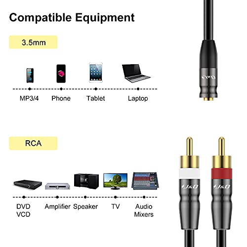 J&D 3.5 mm to Dual RCA Audio Cable, Gold Plated Copper Shell Heavy Duty 3.5mm Female to 2 RCA Male Stereo Audio Adapter Cable Adapter Cord, 1 Feet