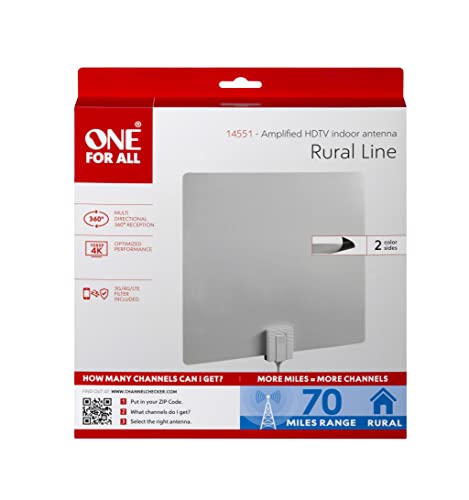 One For All Amplified HDTV Antenna for 1080P 4K Free TV Channels, 60 Miles Long Reception Range, External Signal Booster and 10ft Coax Cable Included, Thin Dual Color Design White/Black, Model 14551